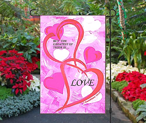 Valentine's Day Love Garden Flag - Pink Valentines Day Spring Welcome - Religious Bible Verse Yard flags - But the greatest of these is love - Double Sided by Jolly Jon