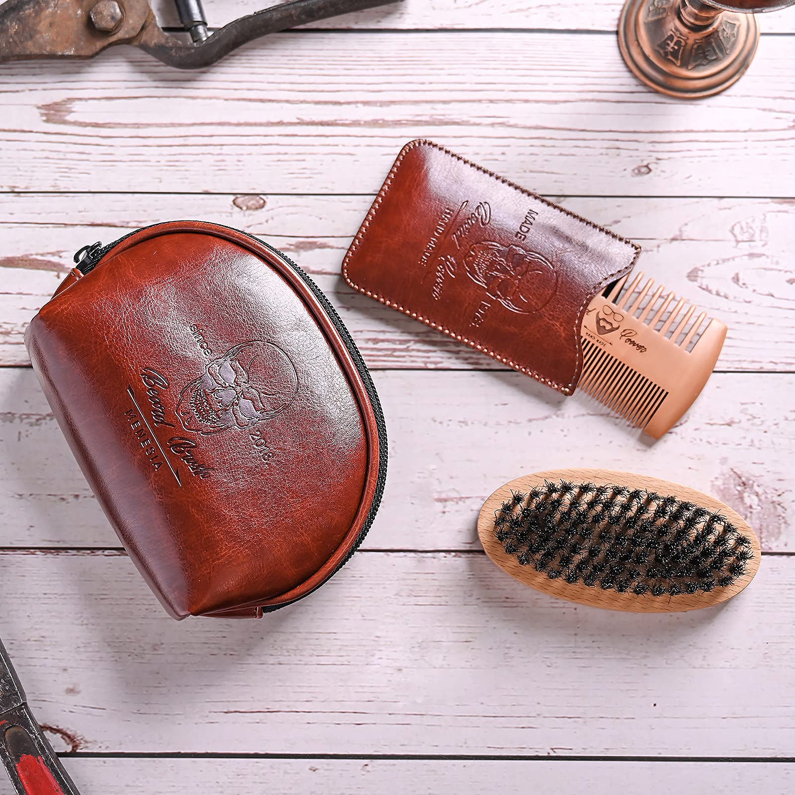 Menesia Beard Brush and Comb set, Boar Bristle Hair Beard Brush Kit with Small Leather Travel Toiletry Bag Case for Men, include Men's Wooden Mustache Comb & Nose Hair Scissors