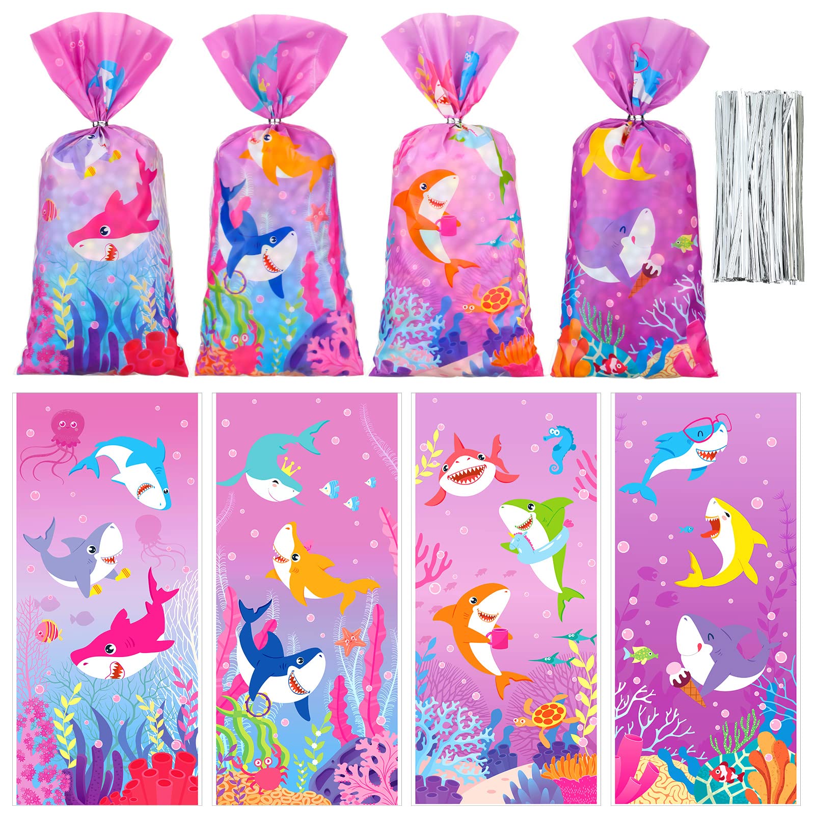 Hotop 100 Pcs Cute Baby Pink Shark Cellophane Bags Pink Shark Gift Treat Bags Plastic Goodie Candy Bags with 150 Ties Shark about 27.5 X 12.5 cm