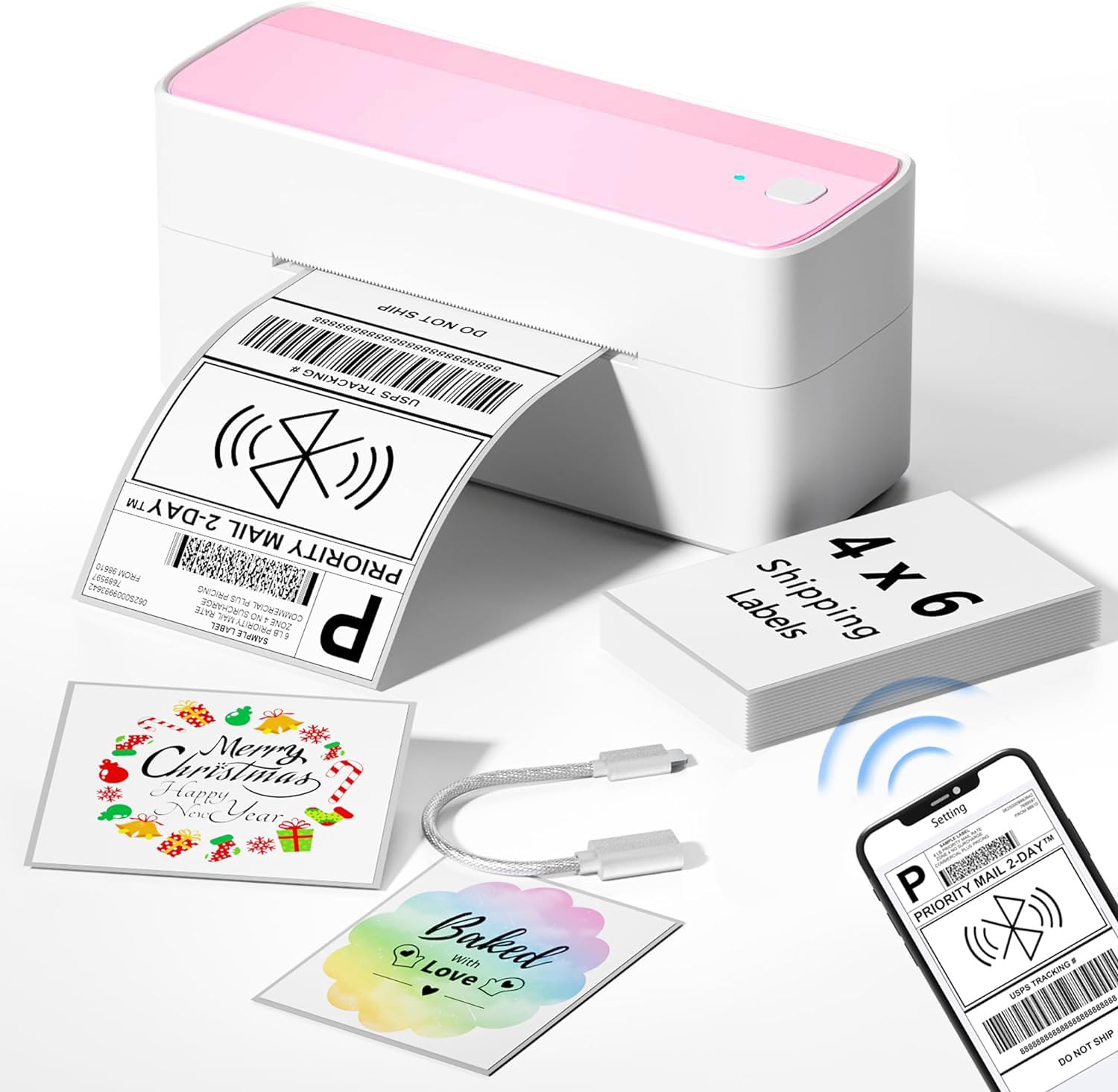 Bluetooth Wireless Thermal Shipping Label-Printer - 4x6 Label Printer for Shipping Packages & Small Business, Pink Label Printers Support with iPad iPhone and Android, Work for Amazon Etsy USPS UPS