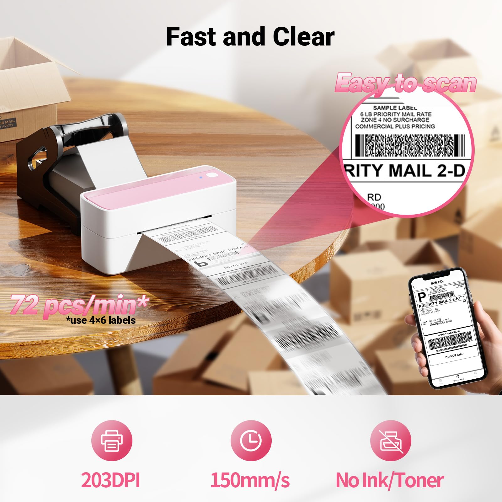Bluetooth Wireless Thermal Shipping Label-Printer - 4x6 Label Printer for Shipping Packages & Small Business, Pink Label Printers Support with iPad iPhone and Android, Work for Amazon Etsy USPS UPS