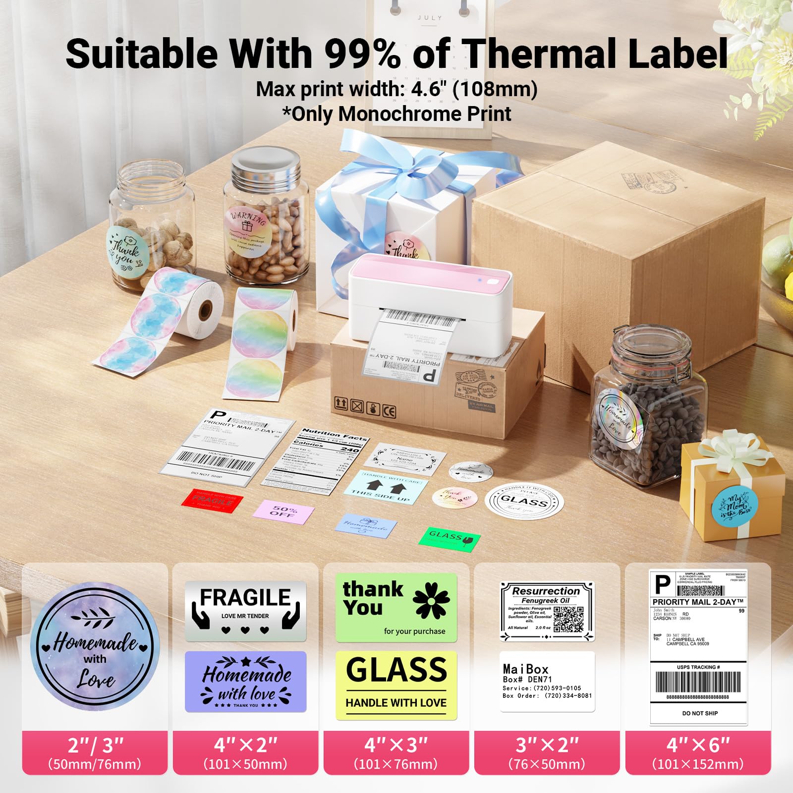 Bluetooth Wireless Thermal Shipping Label-Printer - 4x6 Label Printer for Shipping Packages & Small Business, Pink Label Printers Support with iPad iPhone and Android, Work for Amazon Etsy USPS UPS
