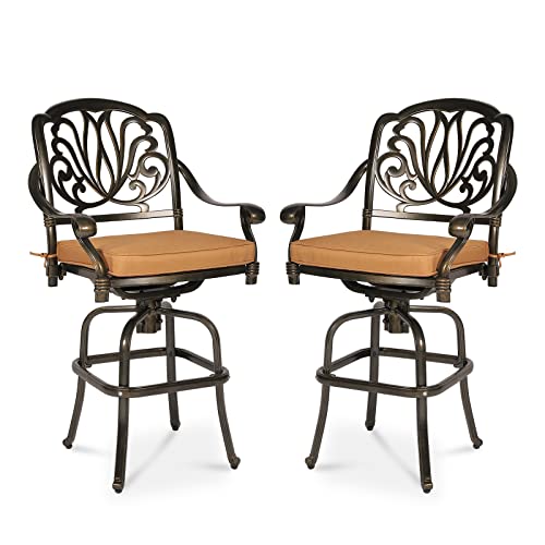 MEETWARM 2 Piece Outdoor Patio Swivel Bar Stools, All-Weather Cast Aluminum Bar Height Bistro Chairs, Outdoor Furniture Bar Dining Chair Set with Cushions for Garden Deck Backyard, Dark Bronze