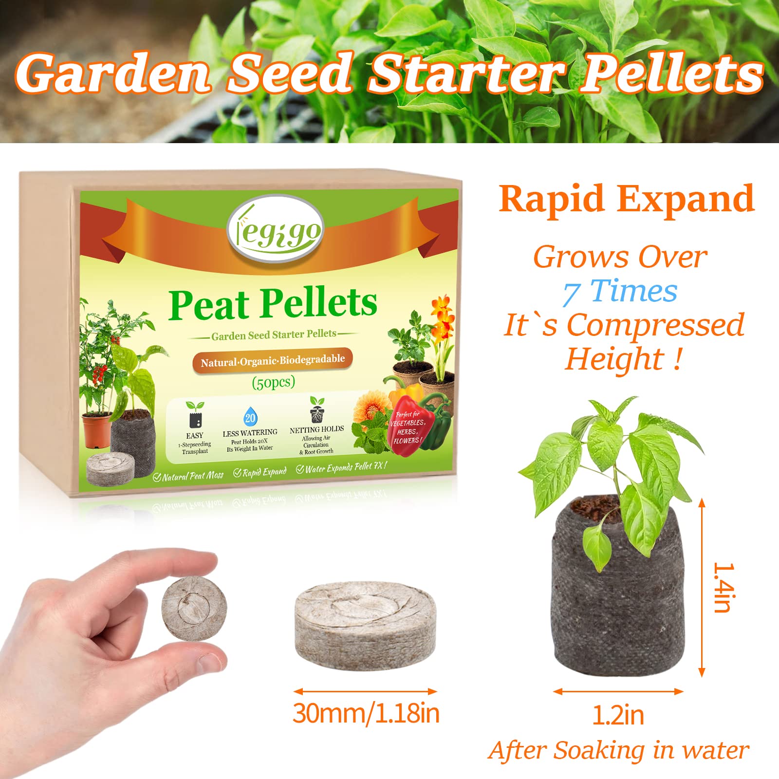 Legigo 50 Pcs 30mm Peat Pellets Starter Pods, Compressed Starting Plugs Pellet Fiber Soil Helps to Avoid Root Shock for Planting Herb Flower Vegetables
