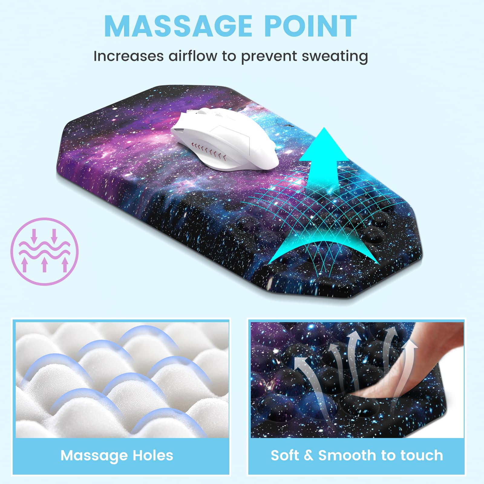 Roxooze Ergonomic Mouse Pad with Wrist Rest, Gaming Mouse Pad Wrist Support, Memory Foam Mousepad with Massage Design, Non-slip PU Base Mouse Pads for Wireless Mouse & Desk, Purple Blue Galaxy