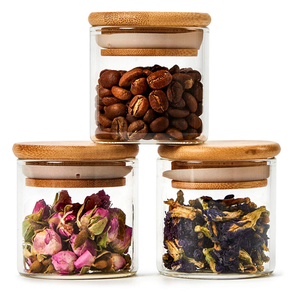 EZOWare 10 Bottles Glass Jar Set, Extra Small Air Tight Canister Storage Containers with Natural Bamboo Lids and Chalkboard Labels for Kitchen Spices, Bathroom, Party Favors (2.4oz.)