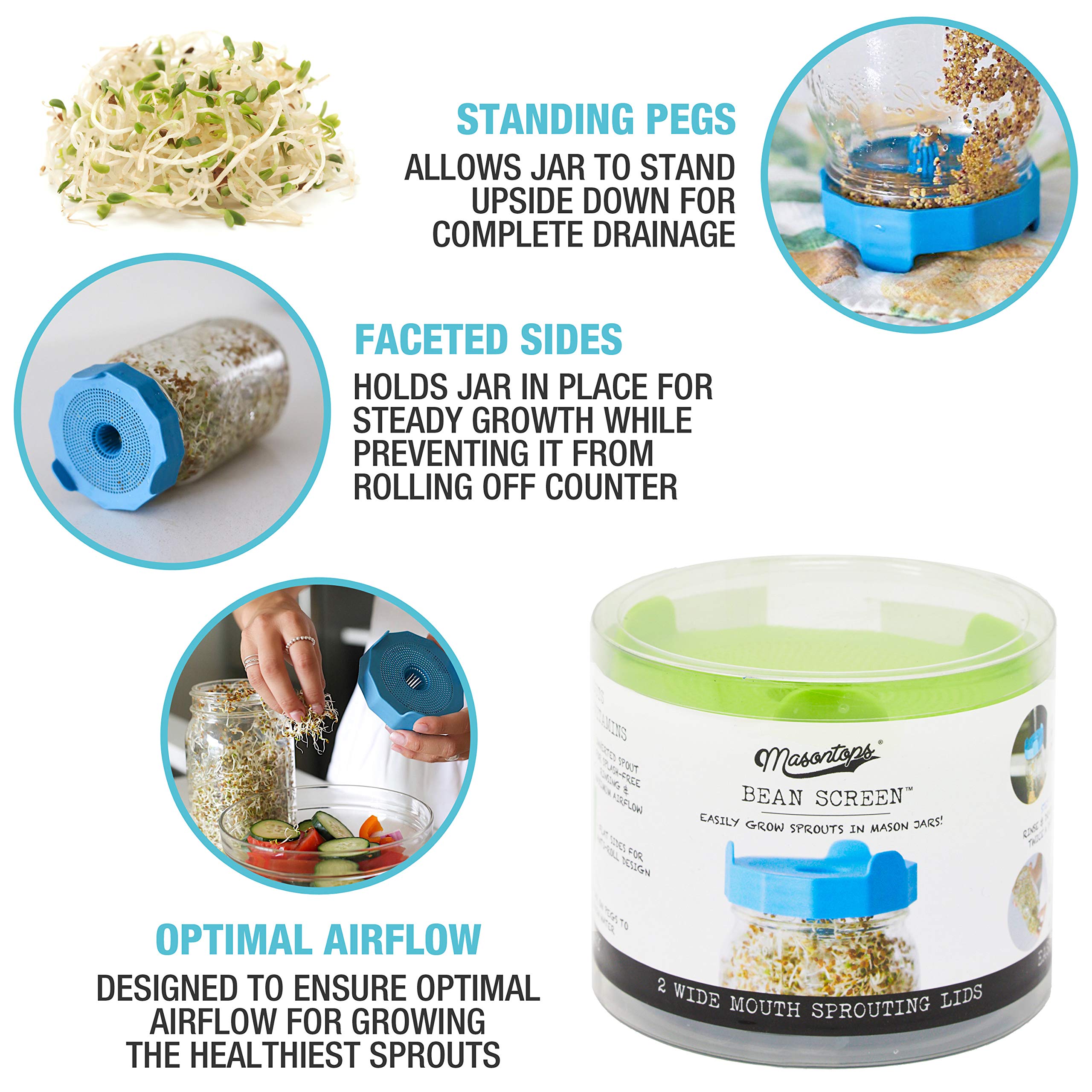 Masontops Bean Screen Microgreens Growing Kit Plastic Sprouting Lids Wide Mouth Mason Jar Sprout Kit β For Growing Broccoli Sprouts, Alfalfa, Seed & Bean Sprouts β 2 Pack Wide Mouth Sprouting Jar Lids