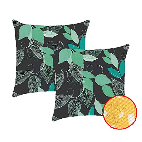 Pack of 2 Waterproof Outdoor Indoor Throw Pillow Covers 18x18 Decorative Green Black Leaf Floral Outdoor Patio Pillows Square Double-Sided Cushion Case for Garden Swing Balcony Sofa Couch Home Decor