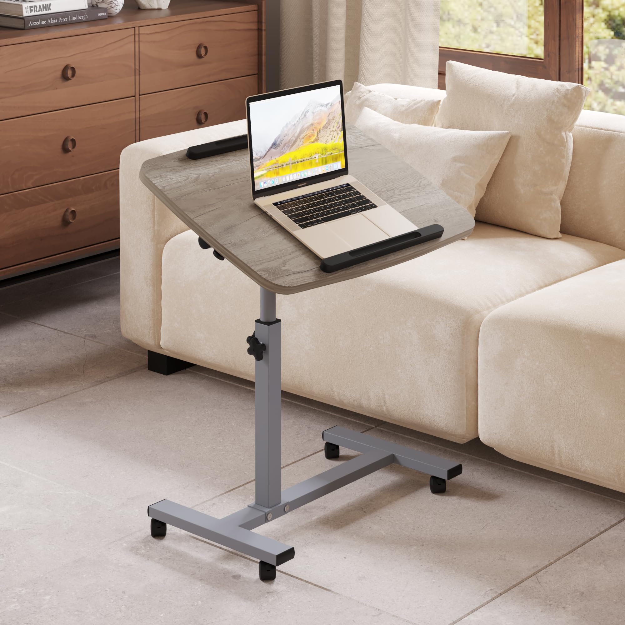 Furist Adjustable Overbed Bedside Table Rolling Laptop Desk Cart Height Adjustable Portable Mobile Laptop Tray Sit Stand Desk Tilting Hospital Bed with Wheels(0208 Grey)