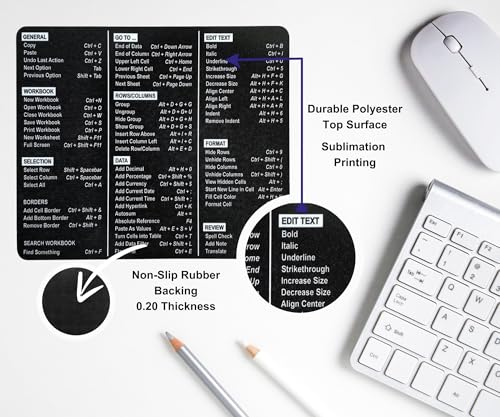 Monilee and Bella Excel Shortcuts Mouse Pad - 66 Reference Cheat Sheet Guide Keyboard Shortcut Formulas - The Ultimate Productivity Tool 7.75" x 9.25" (Solid Black Print)