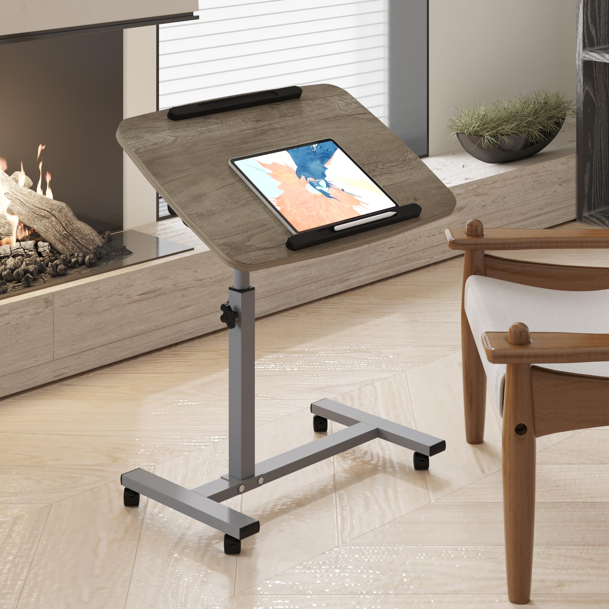 Furist Adjustable Overbed Bedside Table Rolling Laptop Desk Cart Height Adjustable Portable Mobile Laptop Tray Sit Stand Desk Tilting Hospital Bed with Wheels(0208 Grey)