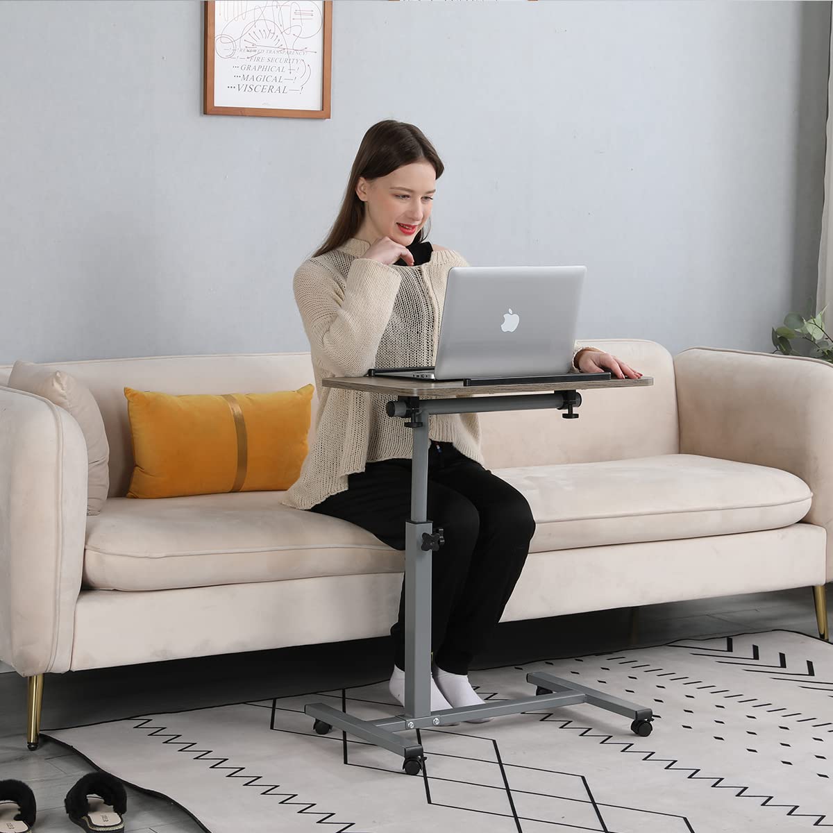 Furist Adjustable Overbed Bedside Table Rolling Laptop Desk Cart Height Adjustable Portable Mobile Laptop Tray Sit Stand Desk Tilting Hospital Bed with Wheels(0208 Grey)