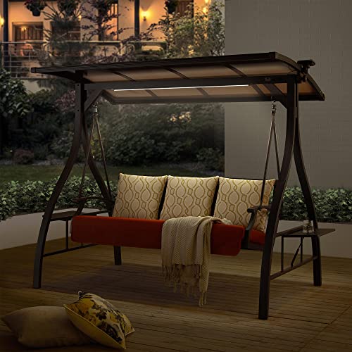 Ulax Furniture 3-Seat Outdoor Patio Swing Chair, Porch Swing Glider Chair with Convertible Canopy, Solar LED Light and Sunbrella Pillows for Poolside, Garden, Balcony, Backyard