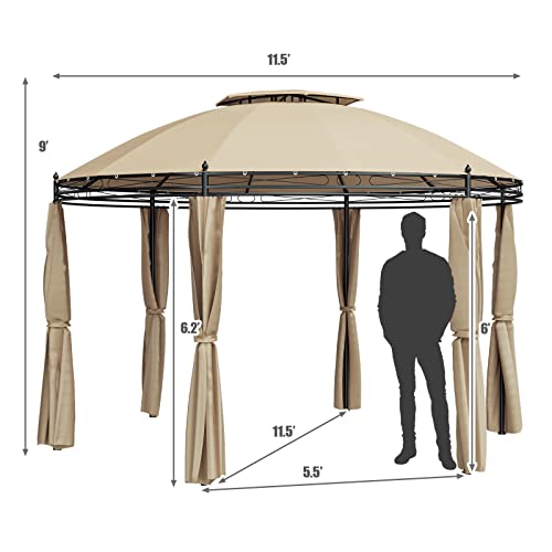 Tangkula 11.5x11.5 ft Round Patio Gazebo, 2-Tier Dome Gazebo with Removable Side Curtains, Heavy Duty Steel Frame, Outdoor Gazebo Pavilion for Backyard, Deck, Poolside, Garden (Brown)