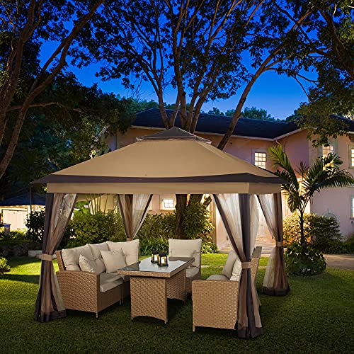 Pamapic 11x11 Outdoor Pop up Gazebo for Patios Canopy for Shade and Rain with Mosquito Netting, Waterproof Soft Top Metal Frame Gazebo for Lawn, Garden, Backyard and Deck (Brown)