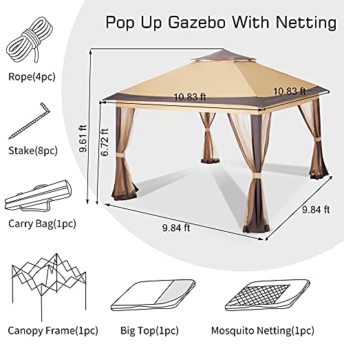 Pamapic 11x11 Outdoor Pop up Gazebo for Patios Canopy for Shade and Rain with Mosquito Netting, Waterproof Soft Top Metal Frame Gazebo for Lawn, Garden, Backyard and Deck (Brown)