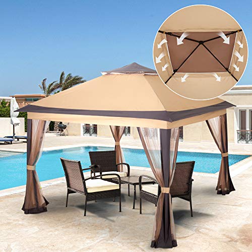 Pamapic 11x11 Outdoor Pop up Gazebo for Patios Canopy for Shade and Rain with Mosquito Netting, Waterproof Soft Top Metal Frame Gazebo for Lawn, Garden, Backyard and Deck (Brown)