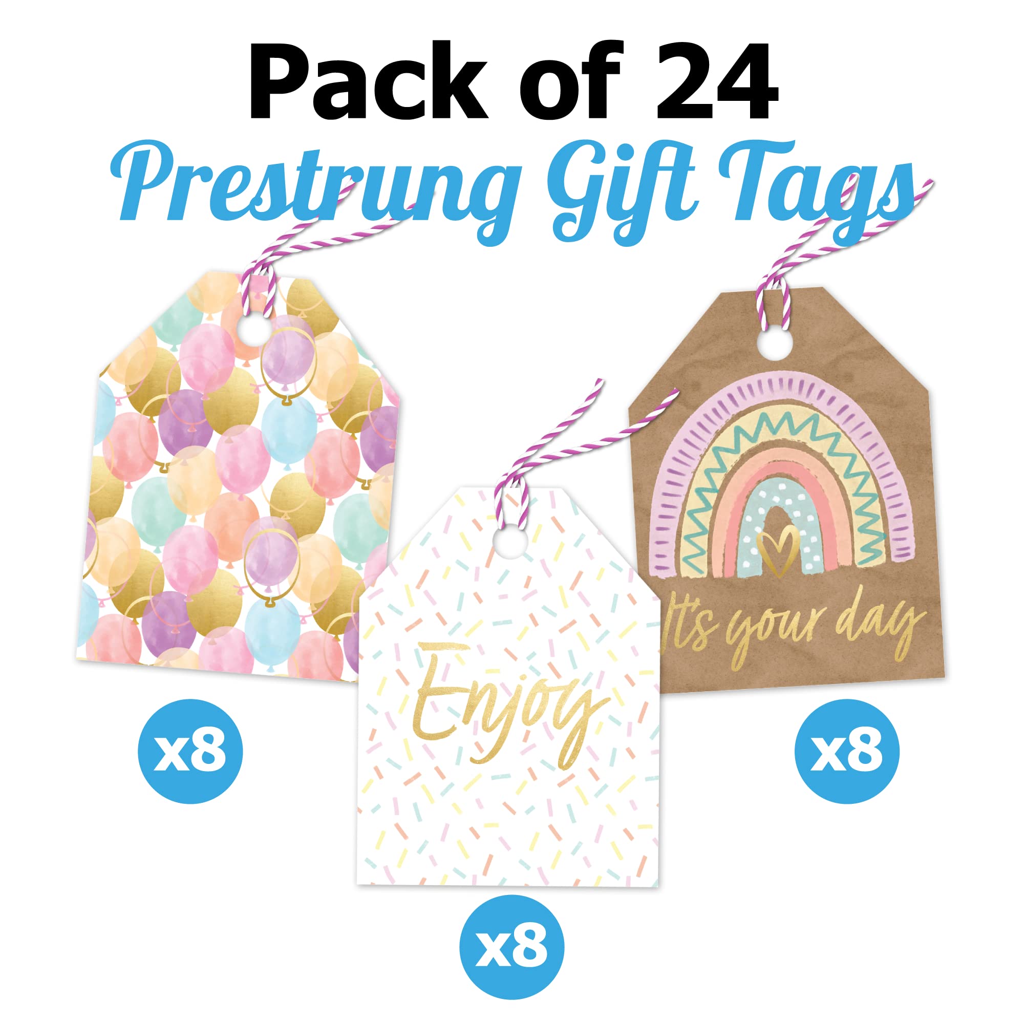 Pro Supply Global Pre Strung Gift Tag Variety Pack (Birthday Balloons, 24 Count)