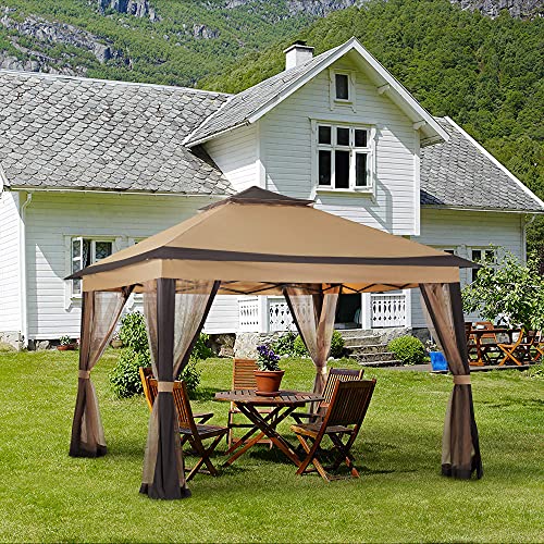 Pamapic 11x11 Outdoor Pop up Gazebo for Patios Canopy for Shade and Rain with Mosquito Netting, Waterproof Soft Top Metal Frame Gazebo for Lawn, Garden, Backyard and Deck (Brown)