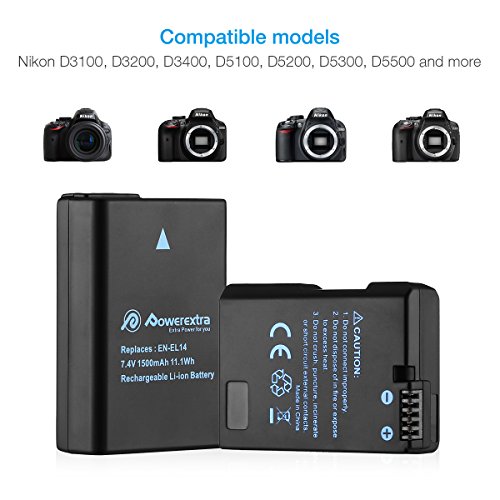 Powerextra 2 x EN-EL14 EN-EL14a Battery & Dual LCD Charger Compatible with Nikon D3100 D3200 D3300 D3400 D3500 D5100 D5200 D5300 D5500 D5600 DF Coolpix P7000 P7100 P7700 P7800 Cameras