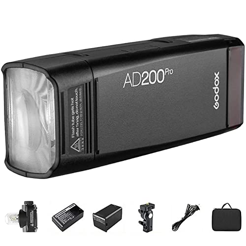 Godox AD200Pro Pocket Flash 2.4G TTL Speedlite Flash Strobe 1/8000s HSS Monolight with 2900mAh Lithium Battery 200WS and Bare Bulb Flash Head to Cover 500 Flashes and Recycle in 0.01-1.8 Sec