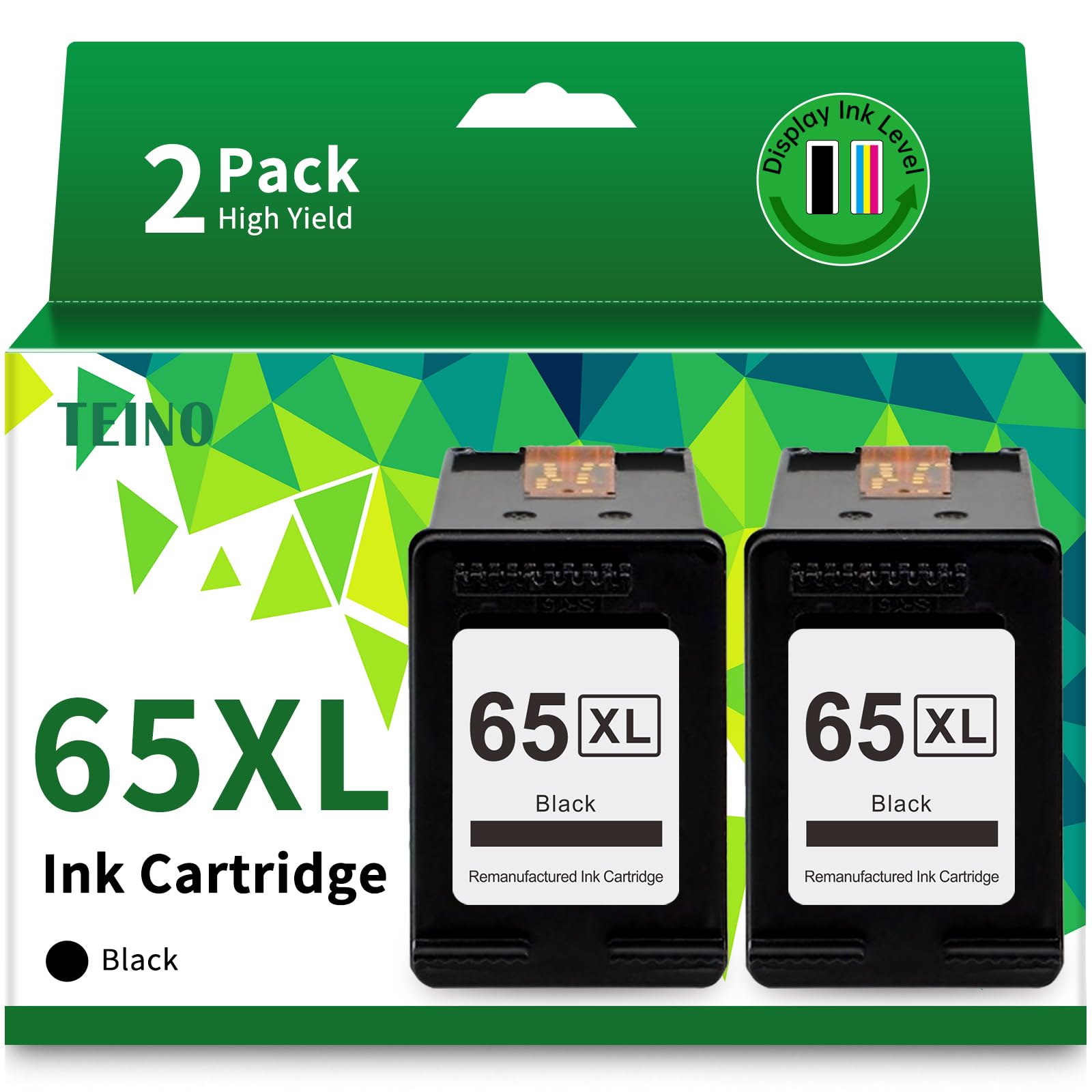 TEINO Remanufactured Ink Cartridge Replacement for HP 65 65XL 65 XL for HP Envy 5055 5052 5012 5010 5020 5030 5058 DeskJet 2622 2652 3722 3755 2635 3720 3752 2655 2624 2636 3730 3721 (Black, 2 Pack)