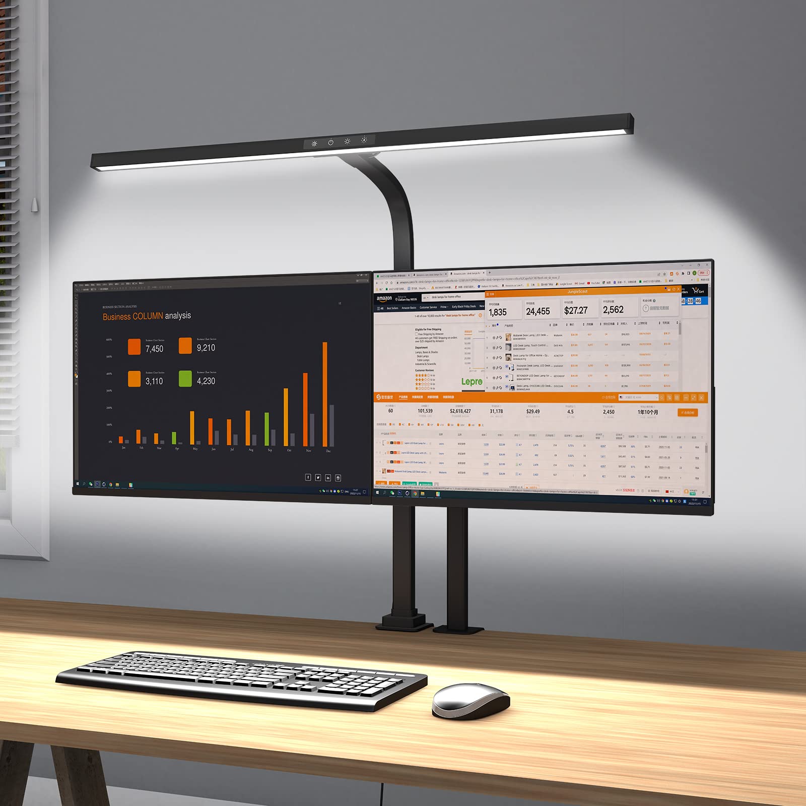 Desk Lamps for Home Office, 31.5” Wide 24W LED Desk Lamp with Auto Dimming -6 Color Modes and Stepless Dimming Desk Lamp Perfect for Multi-monitor Workstations, Home Office, Drawing, Reading