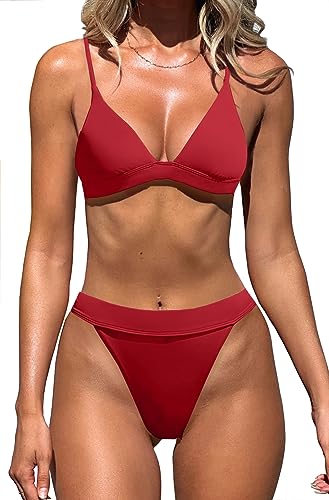 Red High Waisted Bikini Sets for Women Sexy V Neck Triangle Bikini Top Cheeky High Cut Thong Bikini Bottom S