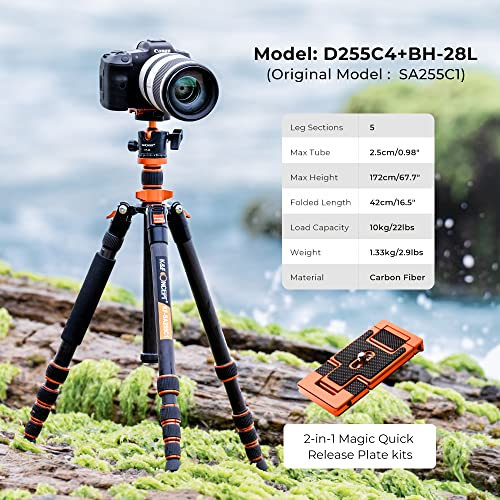 K&F Concept 68" Carbon Fiber Camera Tripod,Compact Tripods with Metal Ball Head,Quick Release Plate,Detachable Monopod 10KG Load for DSLR Cellphone Tripods(SA255C1) D255C4+BH-28L