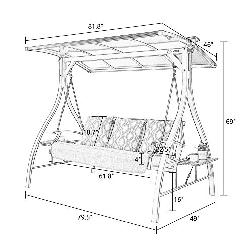 Iwicker 3-Seat Patio Swing Porch Glider Hammock Hang Bench Chair with Adjustable Canopy, Folding Tray, Cushions and Sunbrella Pillows Included for Garden, Poolside, Balcony