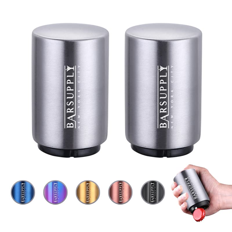 2-Pack Beer Bottle Opener | Push Down and Pop Off Bottle Opener | Automatic Beer Top Popper | Magnetic Cap Catcher | Stainless Steel | Glass Soda Bottle Decapitator | Fun to Use | Set of 2