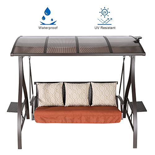 Iwicker 3-Seat Patio Swing Porch Glider Hammock Hang Bench Chair with Adjustable Canopy, Folding Tray, Cushions and Sunbrella Pillows Included for Garden, Poolside, Balcony