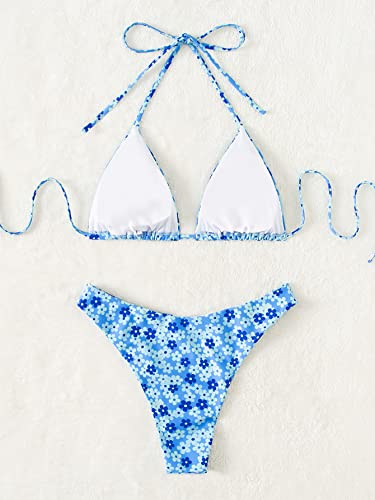 SOLY HUX Women's Floral Print Halter Triangle Tie Side Bikini Bathing Suits 2 Piece Swimsuits Ditsy Floral Blue S