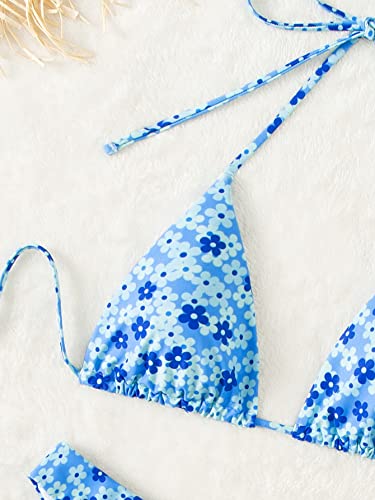 SOLY HUX Women's Floral Print Halter Triangle Tie Side Bikini Bathing Suits 2 Piece Swimsuits Ditsy Floral Blue S