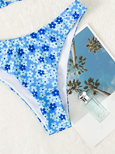 SOLY HUX Women's Floral Print Halter Triangle Tie Side Bikini Bathing Suits 2 Piece Swimsuits Ditsy Floral Blue S