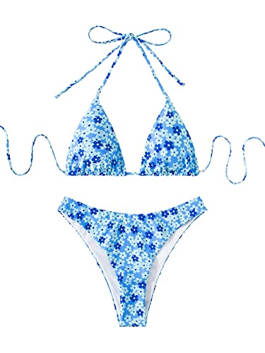 SOLY HUX Women's Floral Print Halter Triangle Tie Side Bikini Bathing Suits 2 Piece Swimsuits Ditsy Floral Blue S