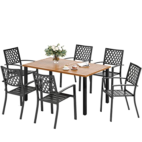 SUNSHINE VALLEY Patio Dining Sets 7 PCS, 6 x Patio Dining Rhombus Chairs Metal Material Teak Color Table Top Rectangular Dining Table with 1.57” Umbrella Hole for Outdoor Kitchen Lawn Garden,Deck.
