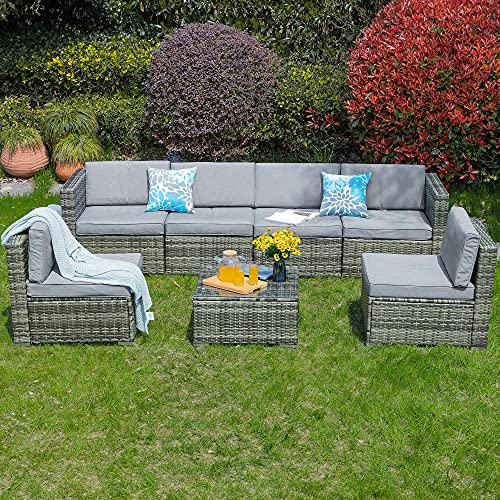 YITAHOME 7 Piece Outdoor Patio Furniture Sets, Garden Conversation Wicker Sofa Set, and Patio Sectional Furniture Sofa Set with Coffee Table and Cushion for Lawn, Backyard, and Poolside, Gray Gradient