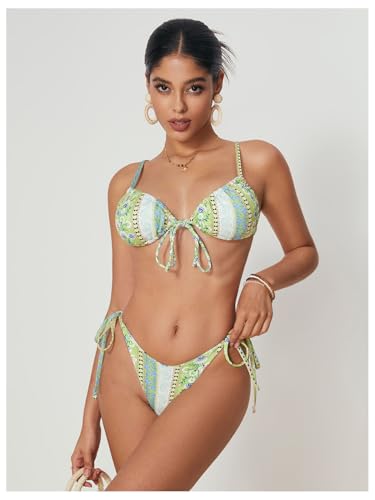 WDIRARA Women's Floral Print Tie Side Swimwear Straps Bikini Sets Swimsuits Green XS