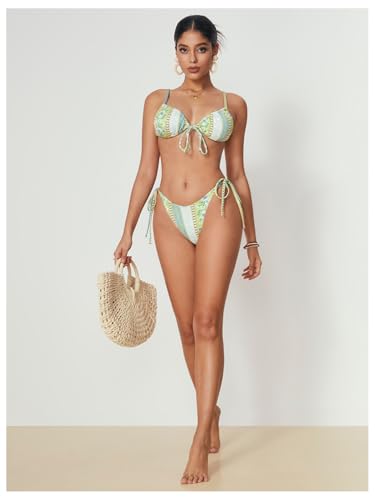 WDIRARA Women's Floral Print Tie Side Swimwear Straps Bikini Sets Swimsuits Green XS