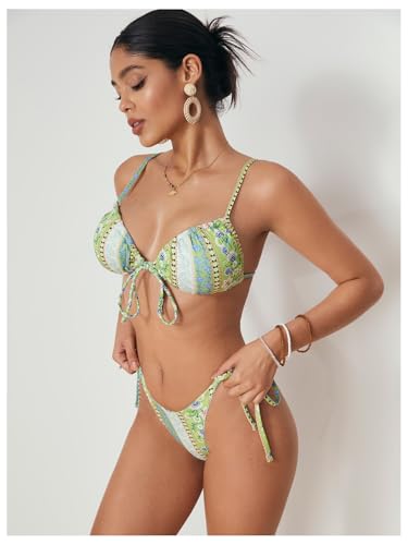 WDIRARA Women's Floral Print Tie Side Swimwear Straps Bikini Sets Swimsuits Green XS