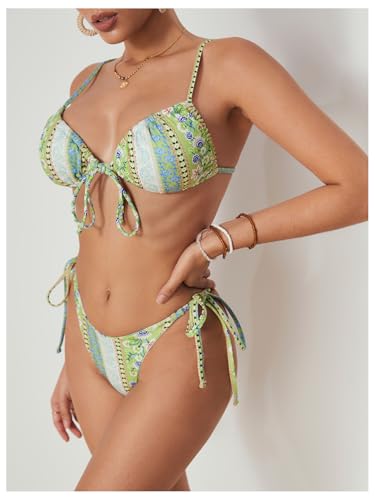 WDIRARA Women's Floral Print Tie Side Swimwear Straps Bikini Sets Swimsuits Green XS