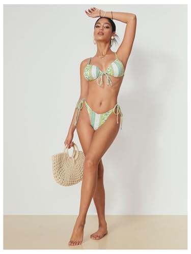 WDIRARA Women's Floral Print Tie Side Swimwear Straps Bikini Sets Swimsuits Green XS