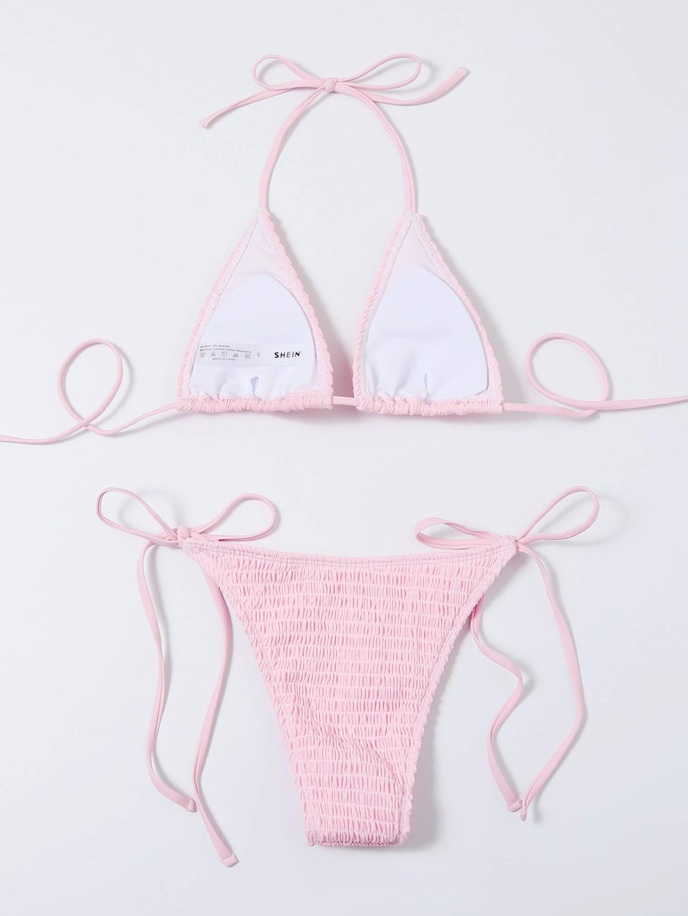 SweatyRocks Women's 2 Piece Triangle Bathing Suit Halter Top Tie Side Thong Bikini Swimsuits Pale Pink L
