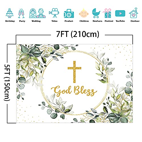 Mocsicka Greenery Baptism Backdrop Green and Gold God Bless Background First Holy Communion Christening Party Cake Table Decoration Banner Photo Booth Props (7x5ft)