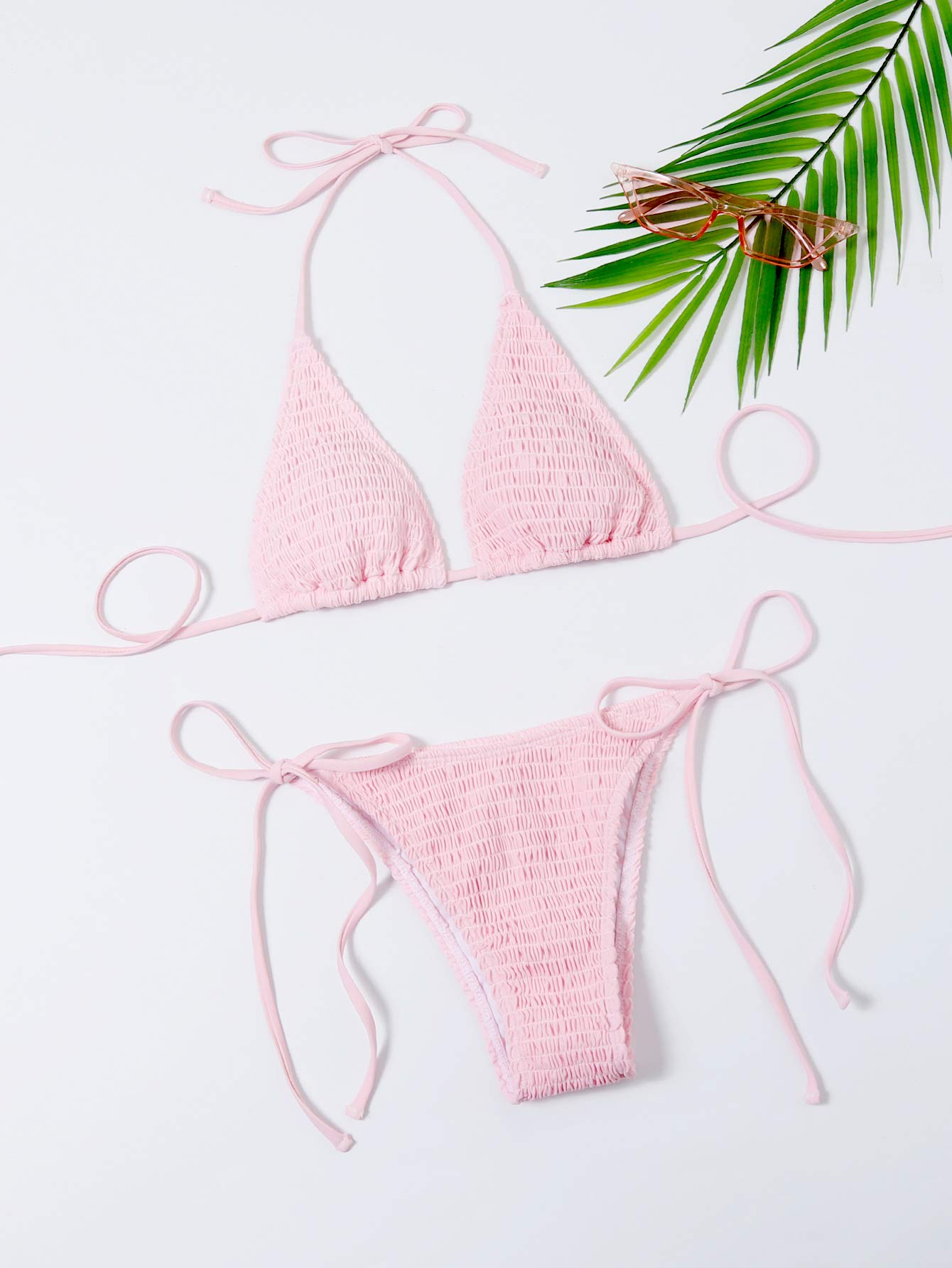 SweatyRocks Women's 2 Piece Triangle Bathing Suit Halter Top Tie Side Thong Bikini Swimsuits Pale Pink L
