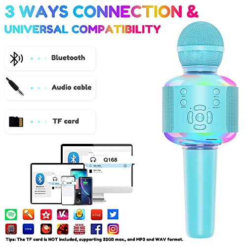 Wireless Bluetooth Karaoke Microphone with Controllable LED Lights, 5-in-1 Portable Mic Speaker Player Recorder, Great Toys Birthday Gifts for 3 4 5 6 7 8 Years Old Girls Boys (Blue)