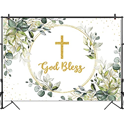 Mocsicka Greenery Baptism Backdrop Green and Gold God Bless Background First Holy Communion Christening Party Cake Table Decoration Banner Photo Booth Props (7x5ft)