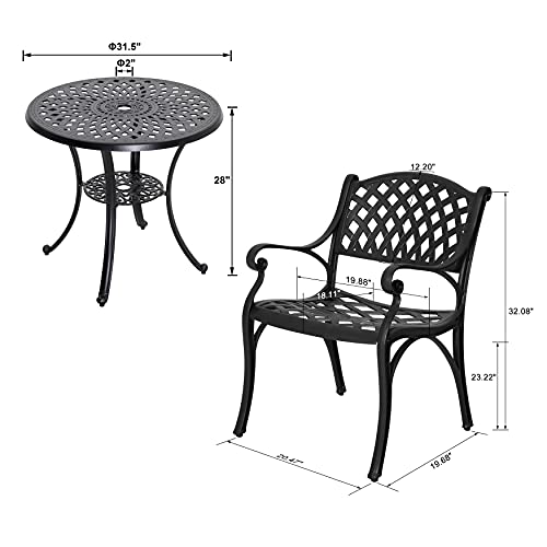 Nuu Garden 3 Pieces Patio Bistro Set, Cast Aluminum Patio Dining Set with Umbrella Hole All-Weather Garden Table and Chairs for Yard, Balcony, Black with Antique Bronze Edging