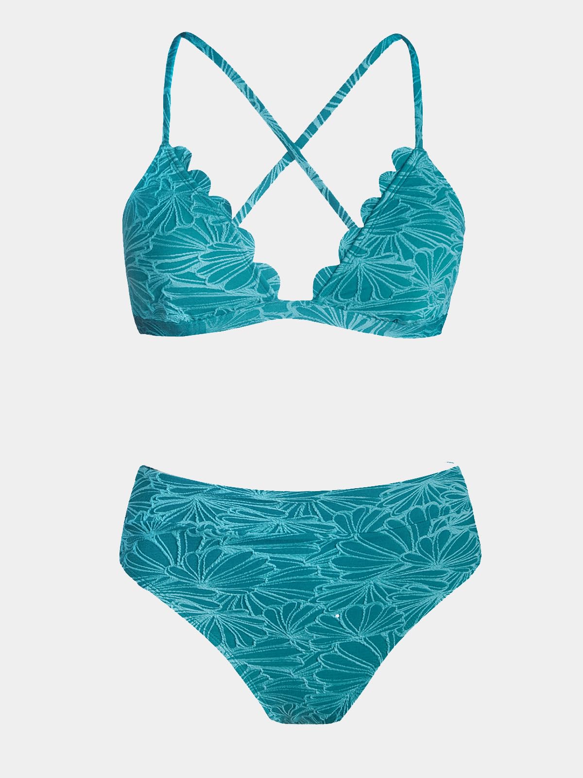 CUPSHE Bikini Set for Women Bathing Suit High Waisted Scalloped V Neck Two Pieces Swimsuit M Cyan